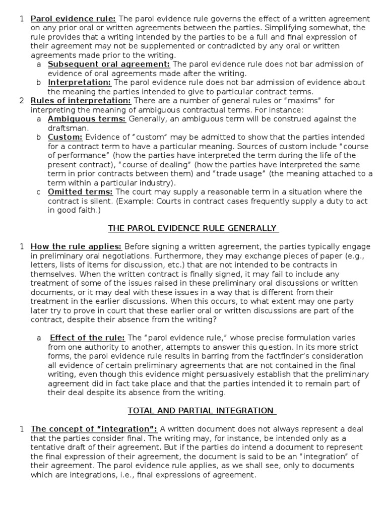 Parol Evidence Rule outline | Parol Evidence Rule | Contractual Term