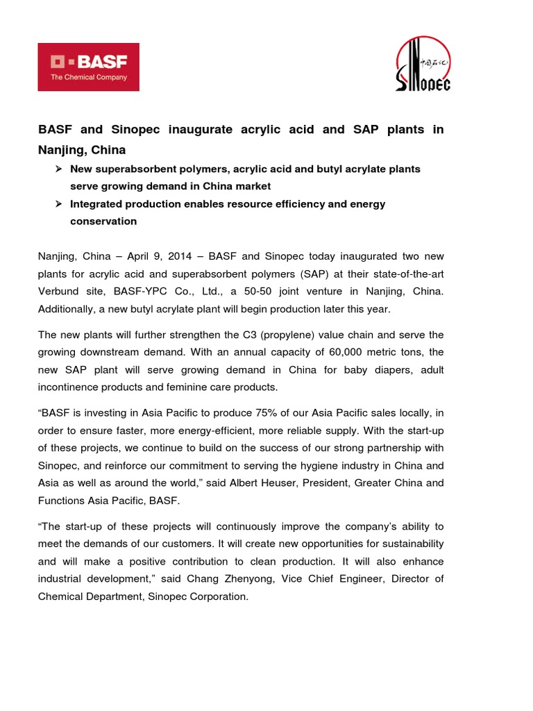 BASF and Sinopec Inaugurate Acrylic Acid and SAP Plants in Nanjing ...