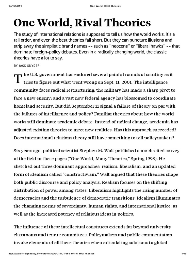 One World, Rival Theories - Jack Snyder | PDF | International Relations | Liberalism