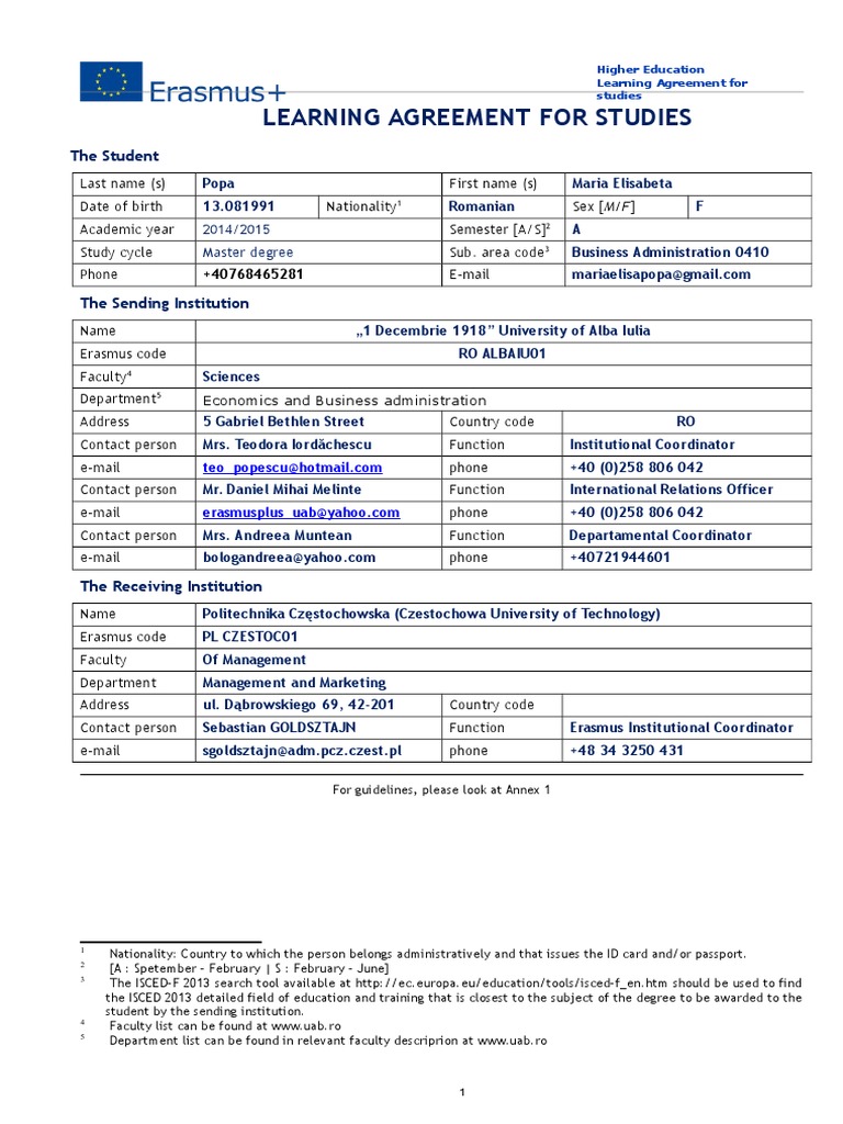 Erasmus Learning Agreement | PDF | Students | Academic Degree