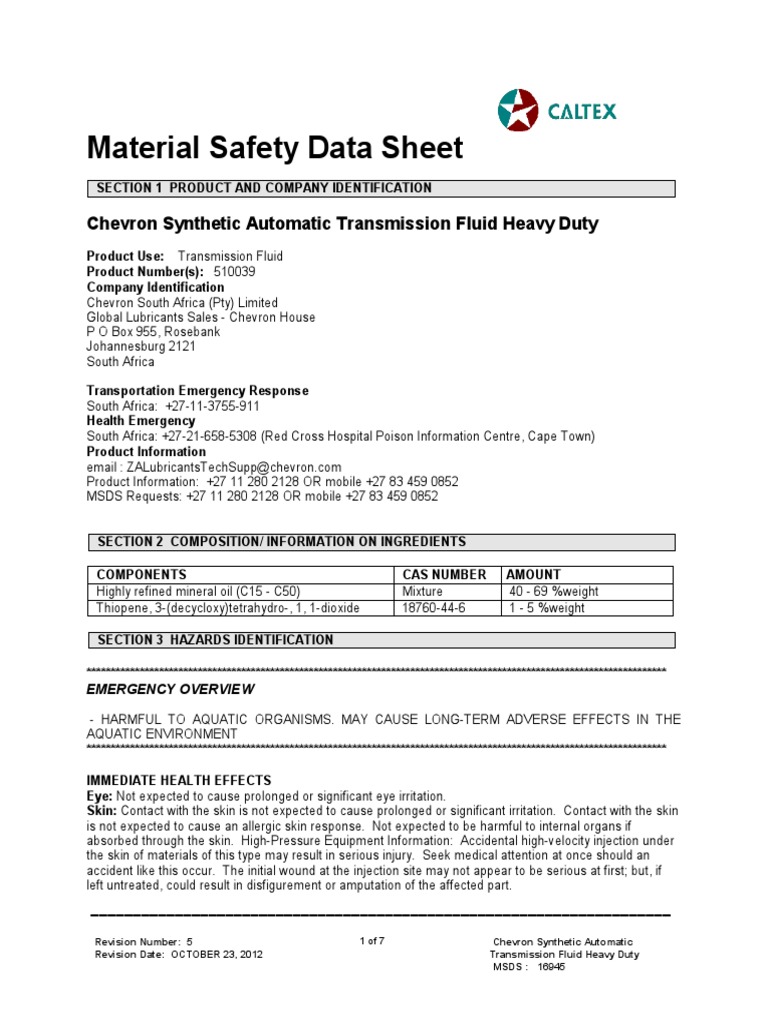 Material Safety Data Sheet: Chevron Synthetic Automatic Transmission Fluid Heavy Duty | PDF ...