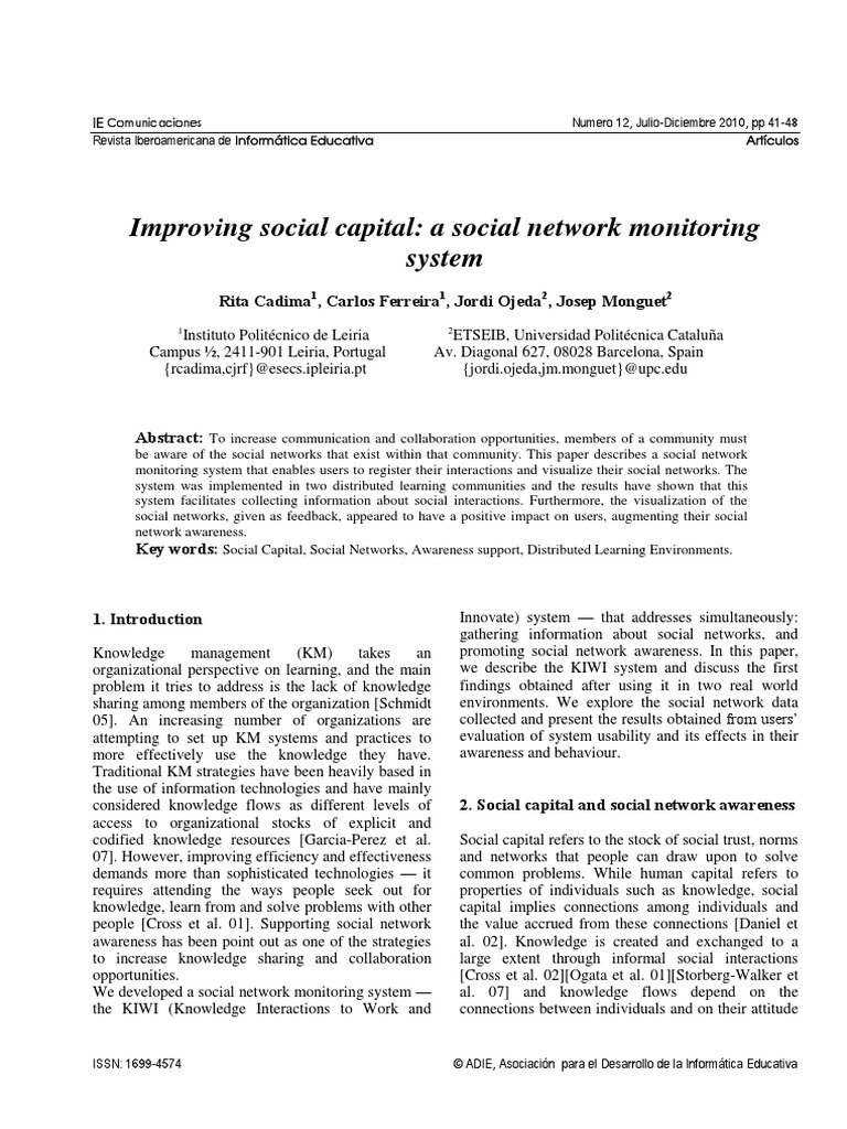 Artículo: Improving Social Capital | PDF | Social Network | Usability