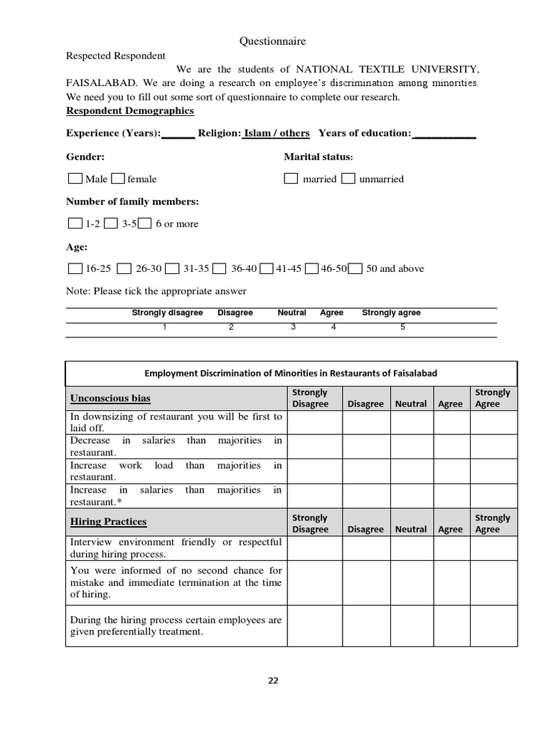 Questionaire | PDF | Employment Discrimination | Discrimination