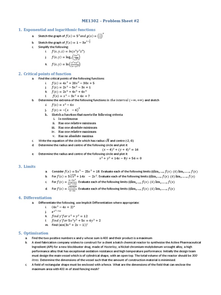 ME1302 - Problem Sheet #2: 1. Exponential and Logarithmic Functions | PDF
