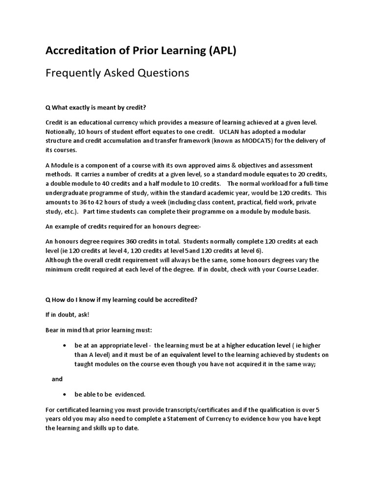 Frequently Asked Questions: Accreditation of Prior Learning (APL) | PDF | Modularity | Academic ...