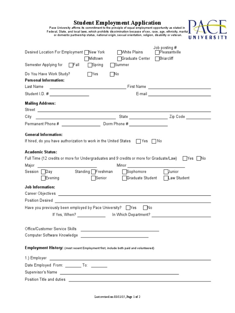 Student Employment Application: Personal Information | Download Free ...