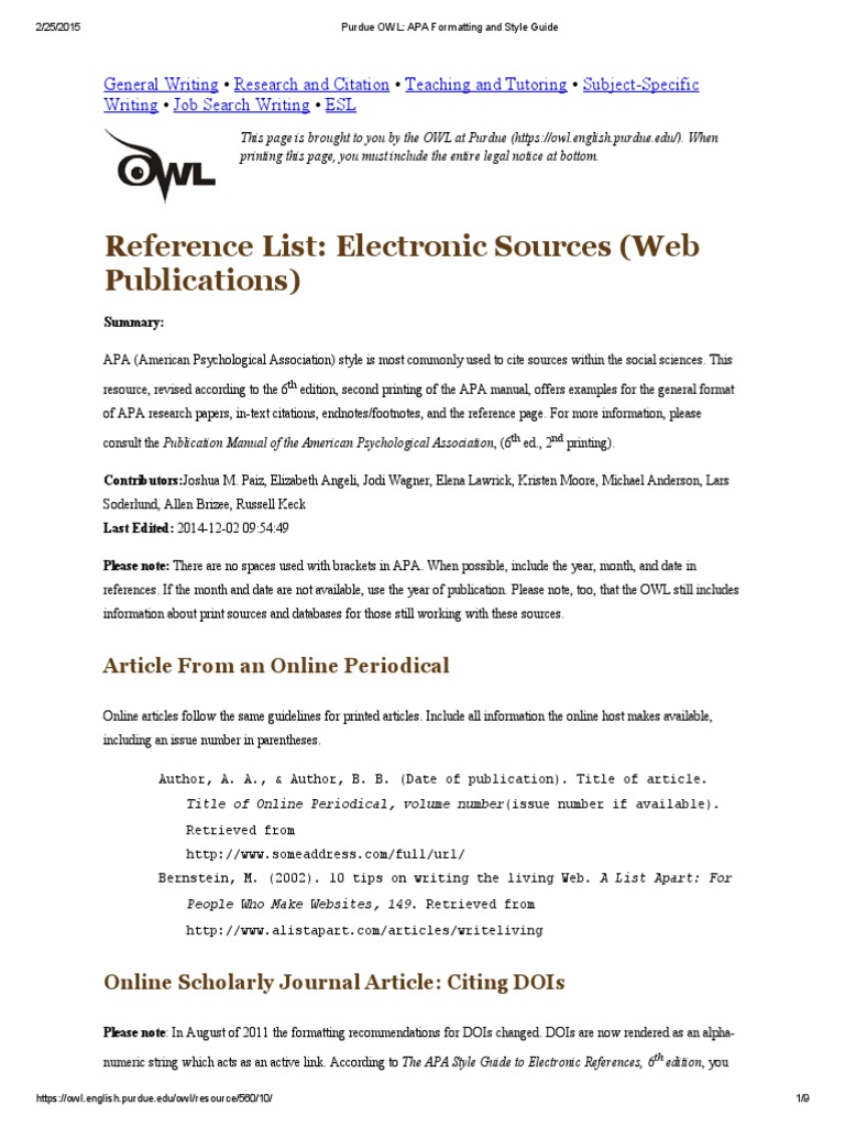 How To Cite Sources - APA Style - OWL | PDF | Digital Object Identifier ...