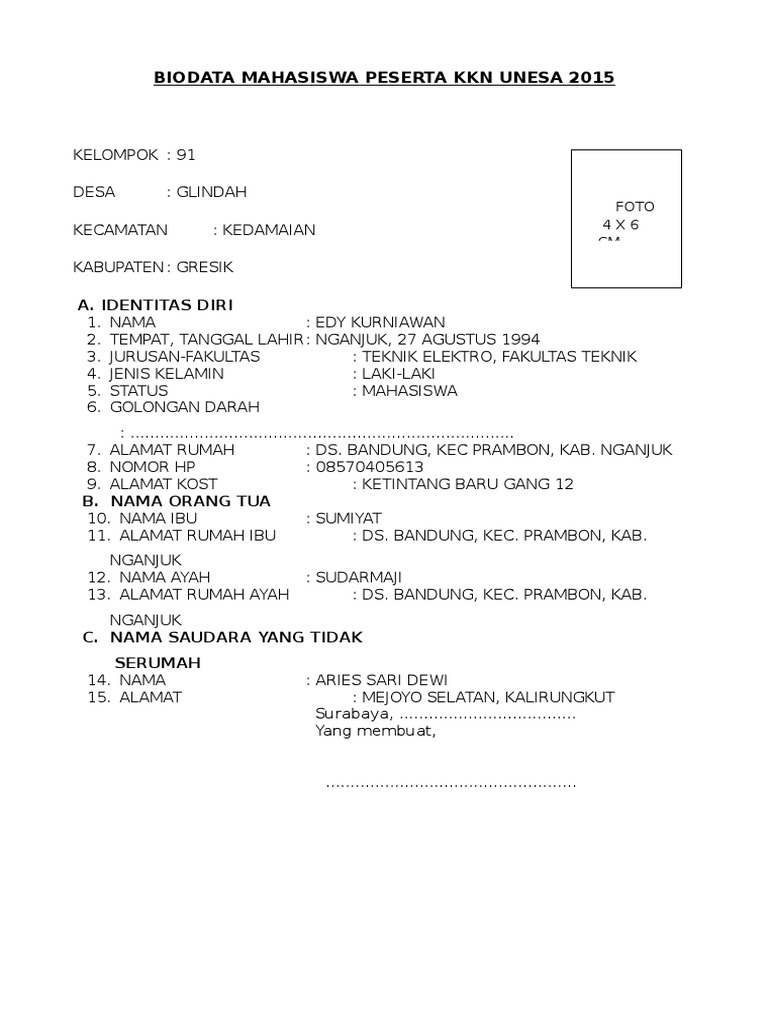 Biodata Mahasiswa | PDF