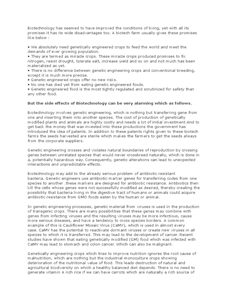 Disadvantages of Biotechnology in Agriculture | PDF | Biotechnology ...