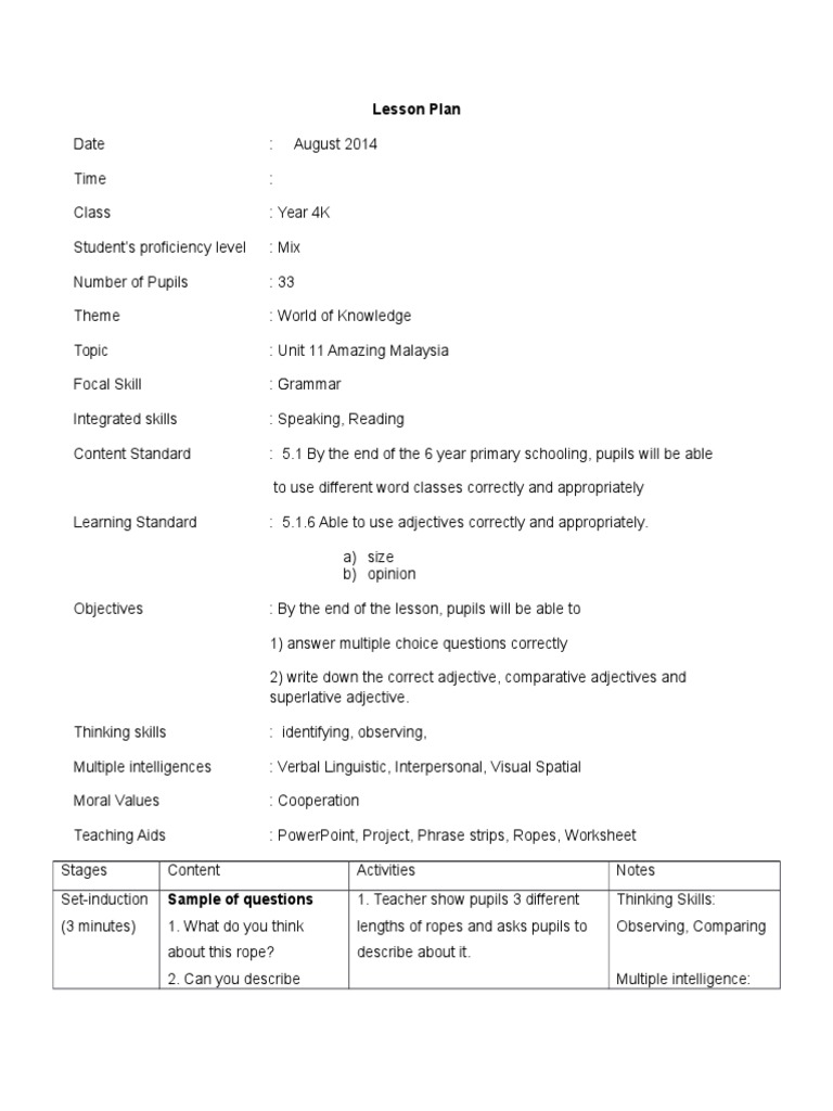 Lesson Plan Year 4 SJK | Download Free PDF | Lesson Plan | Adjective