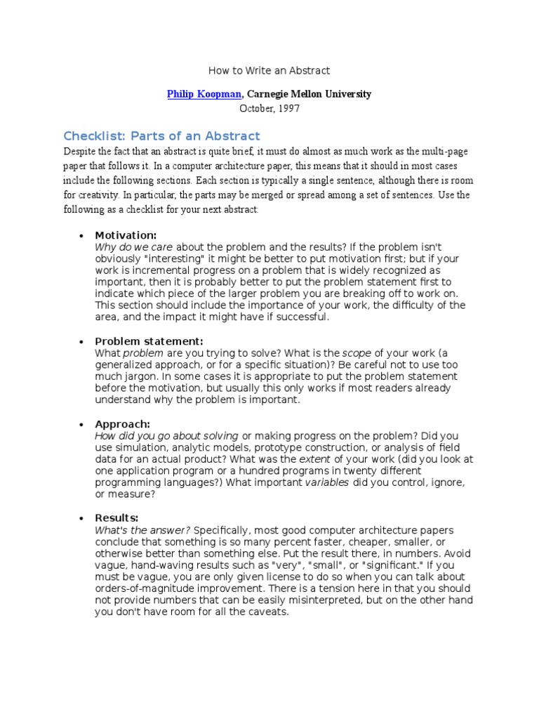 Checklist: Parts of An Abstract: Philip Koopman | PDF | Abstract ...