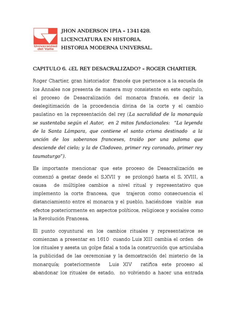 Reseña - Cap 6. El Rey Desacralizado - Roger Chartier | PDF | Monarca | Francia