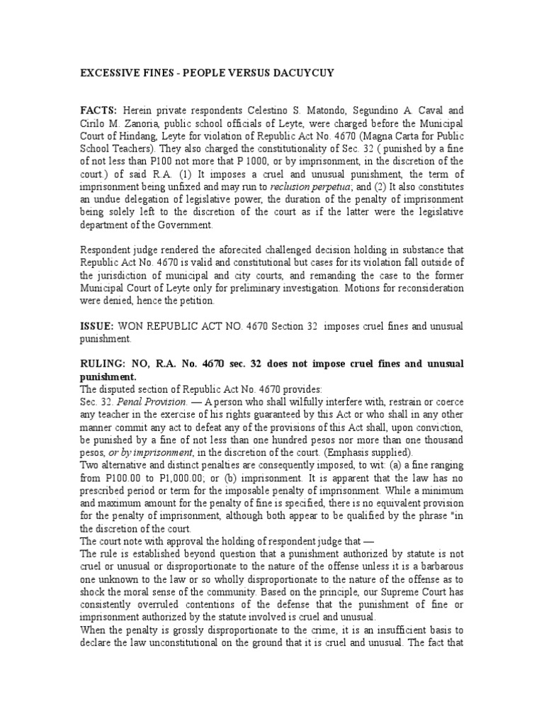 EXCESSIVE FINES Pp. Vs Dacuycuy & Agbanlog vs. Pp. | PDF | Fine ...