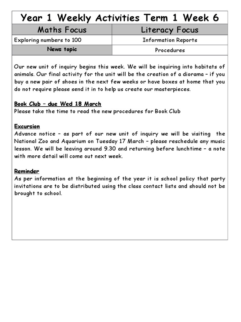 Year 1 Term 1 Week 6 Activities | PDF