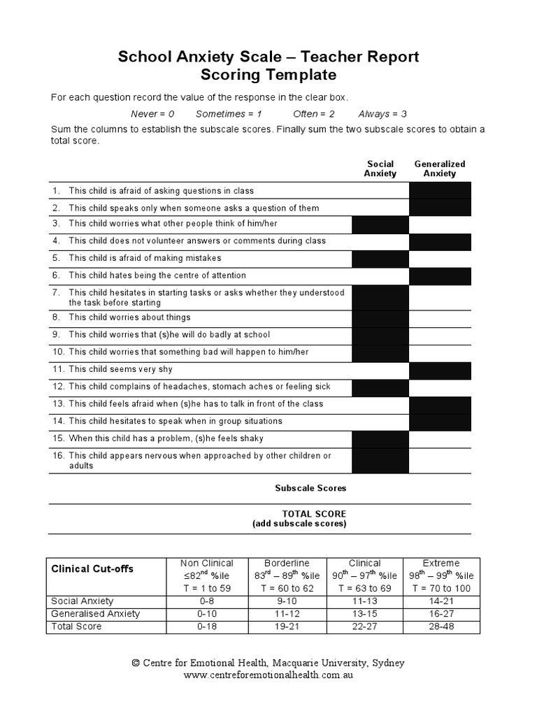 Teacher Report on School Anxiety Scale | PDF