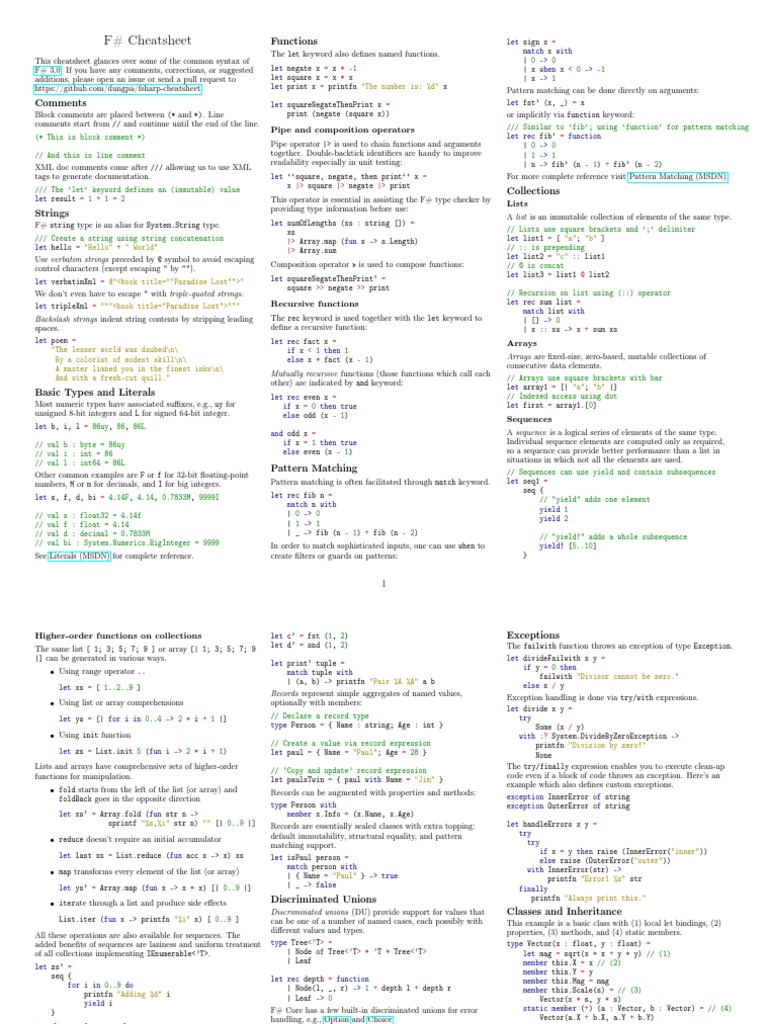Fsharp Cheatsheet | PDF | Class (Computer Programming) | Software