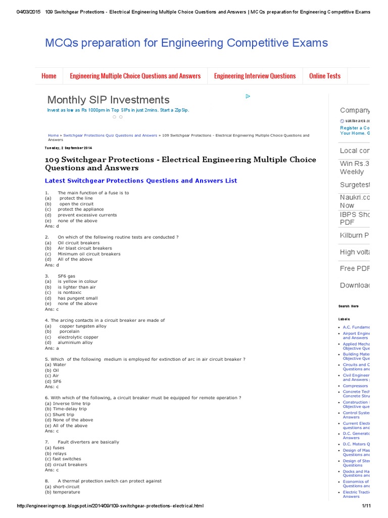 109 Switchgear Protections - Electrical Engineering Multiple Choice Questions and Answers - MCQs ...