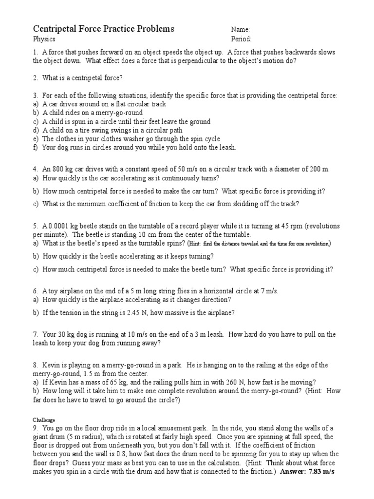 Centripetal Force Practice Problems | PDF | Speed | Force