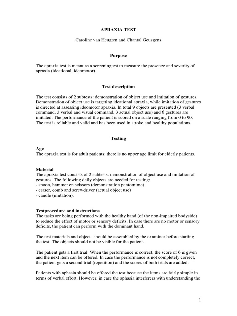 Apraxia Test | PDF | Neuropsychological Assessment | Neuroscience