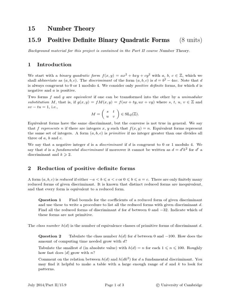 15 Number Theory 15.9 Positive Definite Binary Quadratic Forms (8 Units) | PDF | Ring Theory ...
