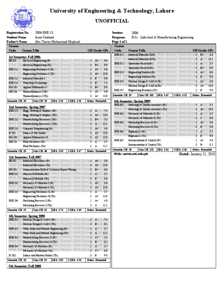 UET Lahore Industrial Engineering Transcript | PDF | Science And ...
