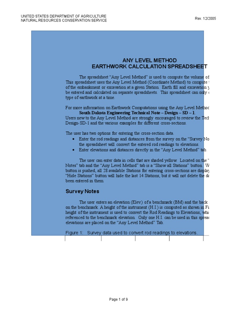 Any Level Method Earthwork Calculation Spreadsheet: Instructions for ...
