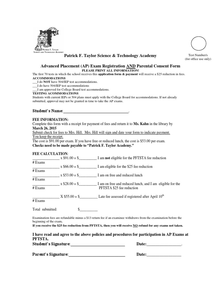 AP Exam Registration & Consent Form | PDF | Advanced Placement | Test ...