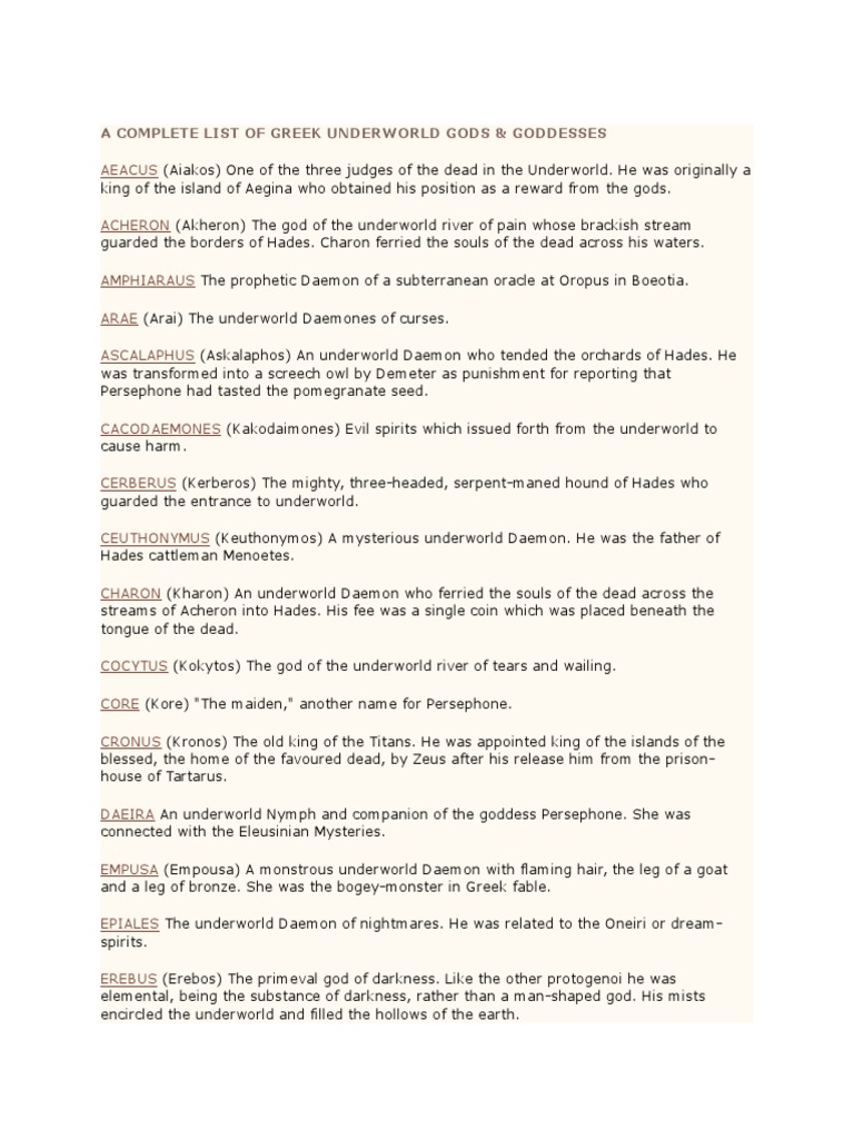 A Complete List of Greek Underworld Gods | PDF | Greek Underworld | Hades