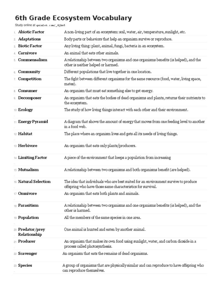 6th Grade Ecosystem Vocabulary Guide | PDF | Science & Mathematics