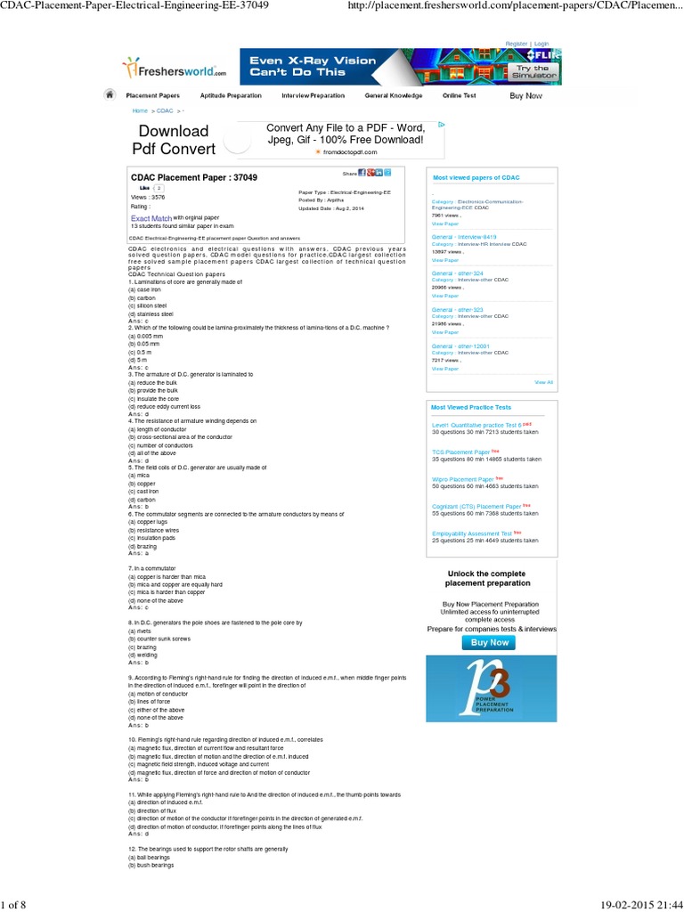 CDAC Placement Paper Electrical Engineering EE 37049 | PDF