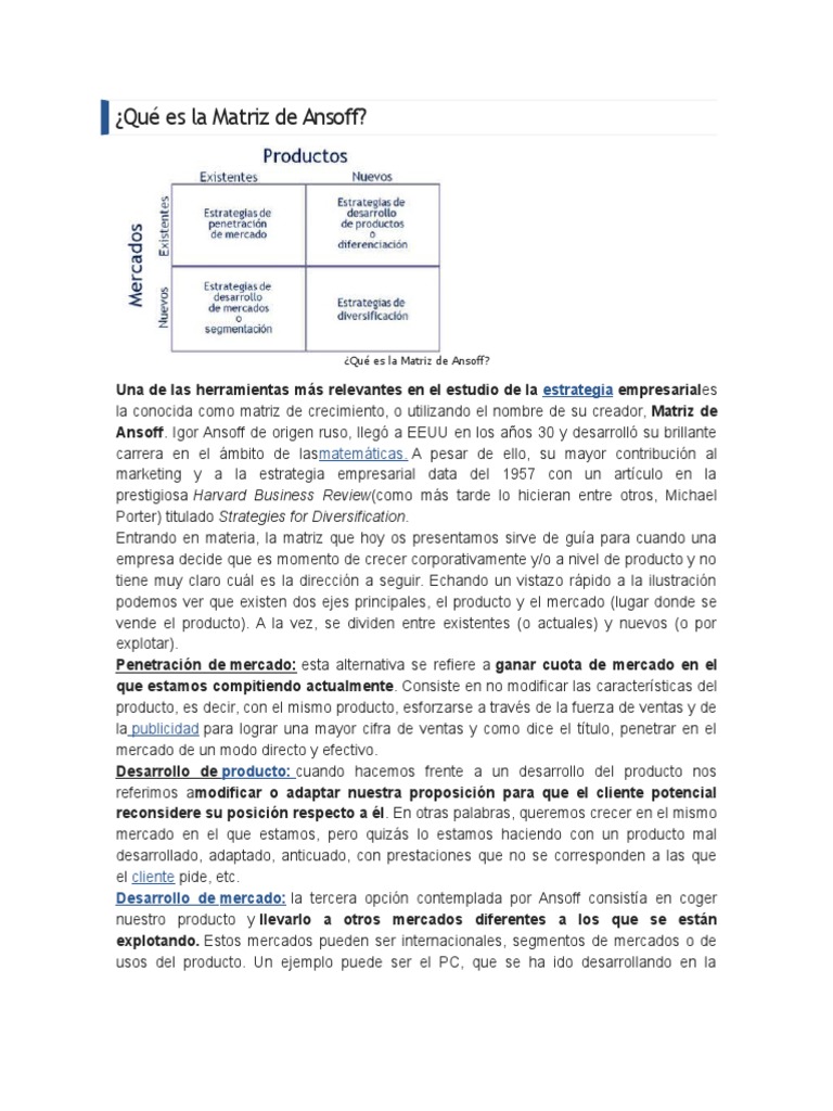 Matriz de Ansoff | Descargar gratis PDF | Producto (Negocio) | Mercado ...