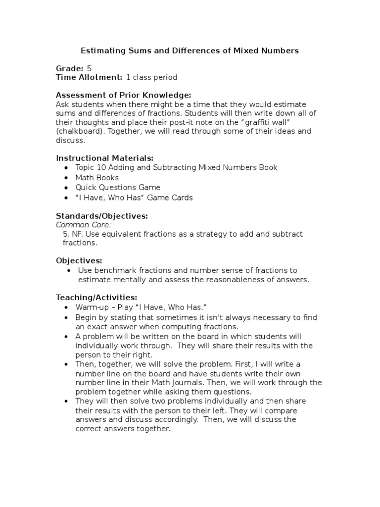 Estimating Sums And Differences Of Mixed Numbers PDF Worksheet