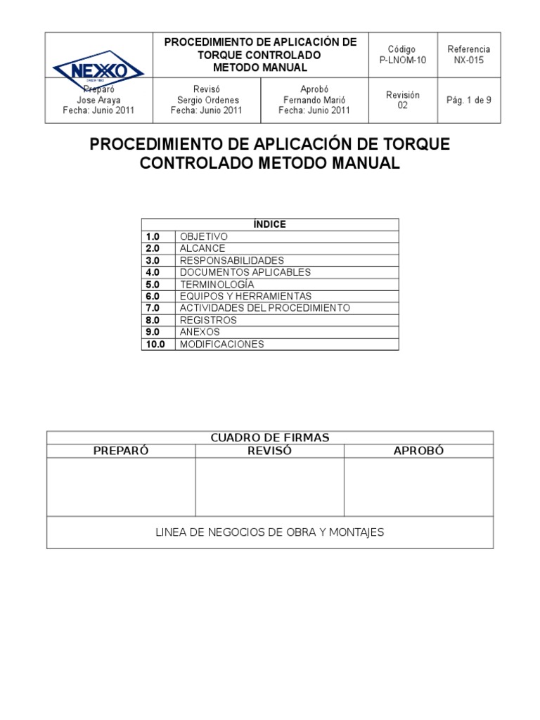 P-LNOM-10 P Aplicacion de Torque Controlado. | PDF | Herramientas | Calibración