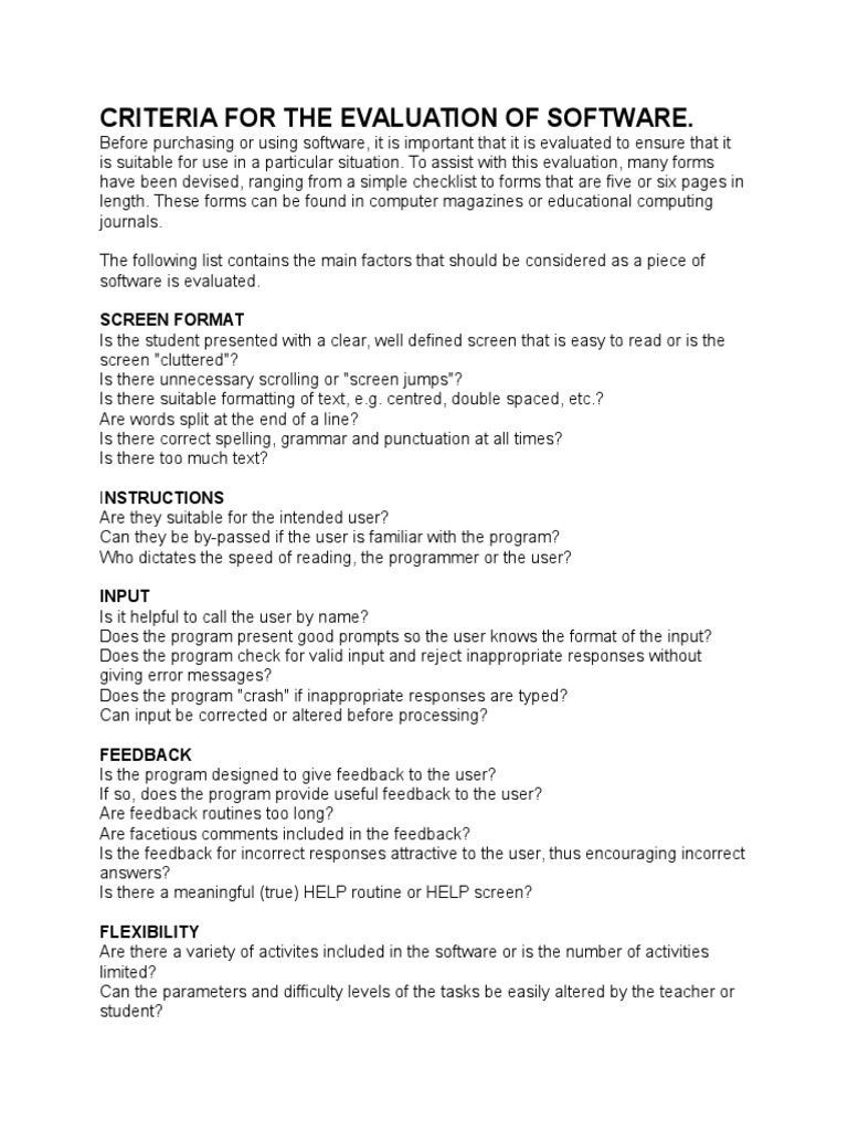 Criteria For The Evaluation of Software | PDF | Feedback | Programmer