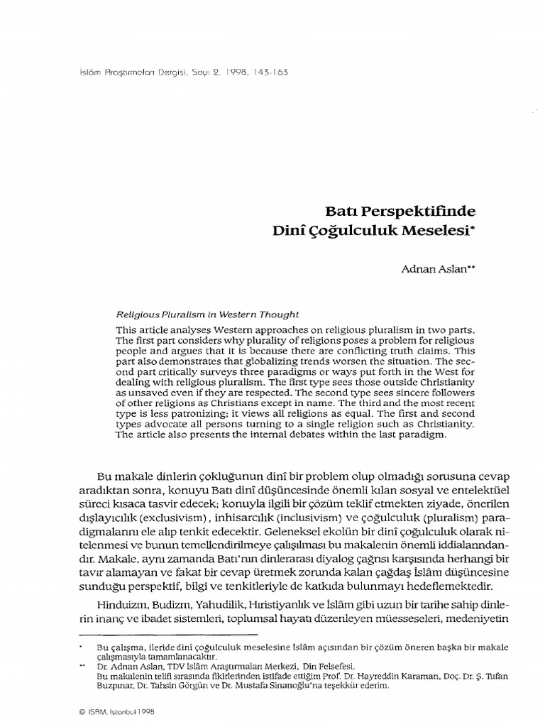 Adnan Aslan - Batı Perspektifinde Dini Çoğulculuk Meselesi | PDF