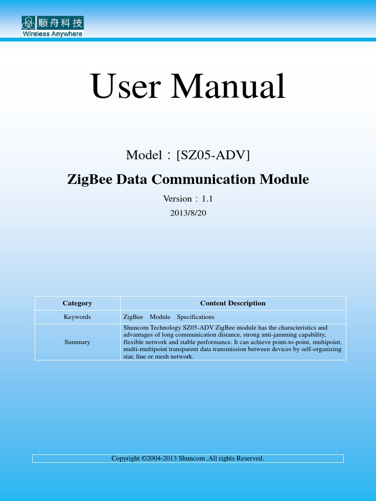 User Manual For Zigbee Module Sz05 Adv V1 1 Pdf Computer Network Router Computing