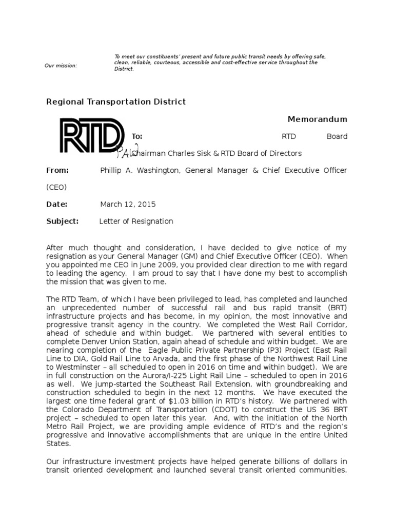 Phil Washington Denver RTD Letter of Resignation - March 12 2015 | PDF ...