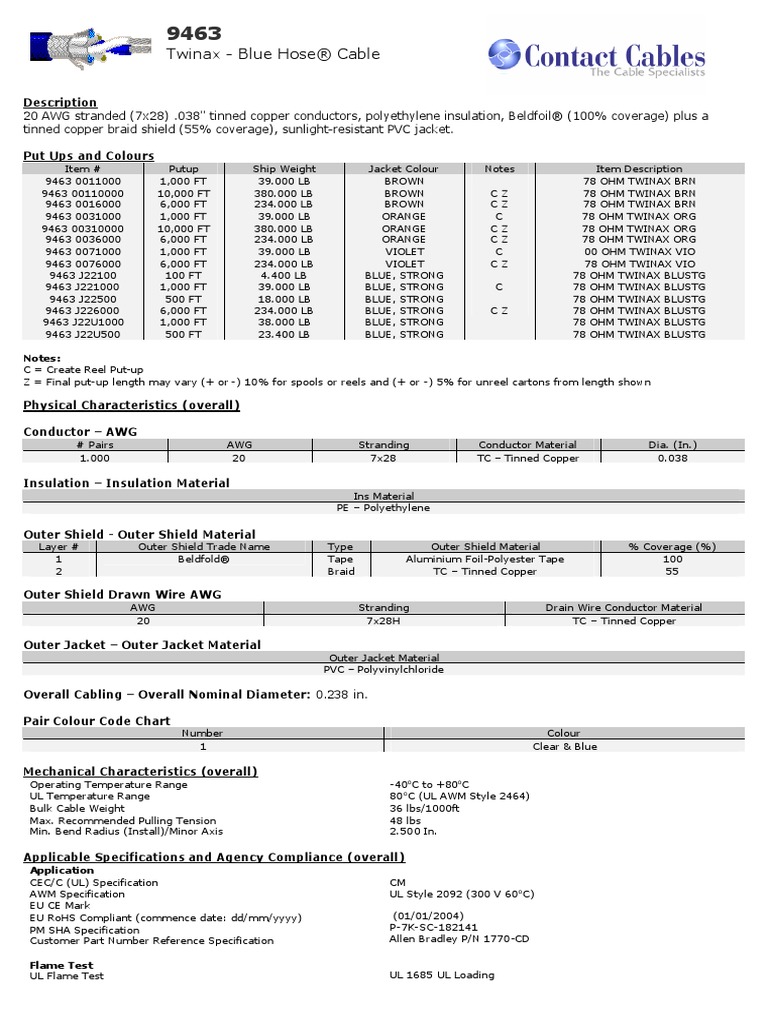 Belden 9463 Data Sheet | Cable | Wire