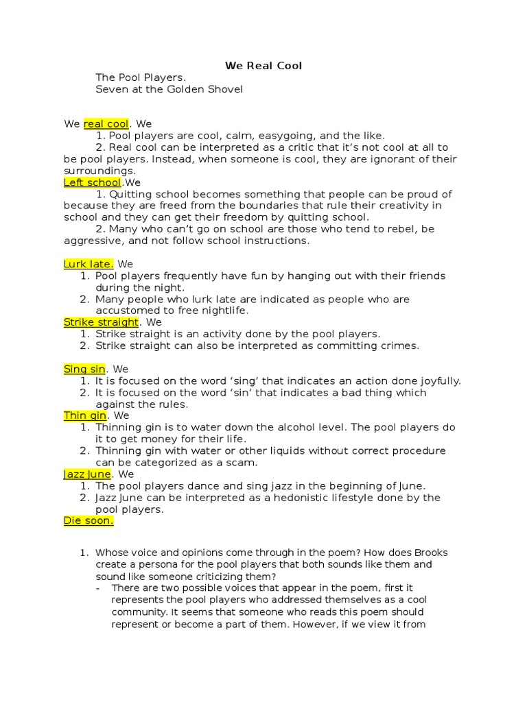 We Real Cool | PDF | Stereotypes | Poetry