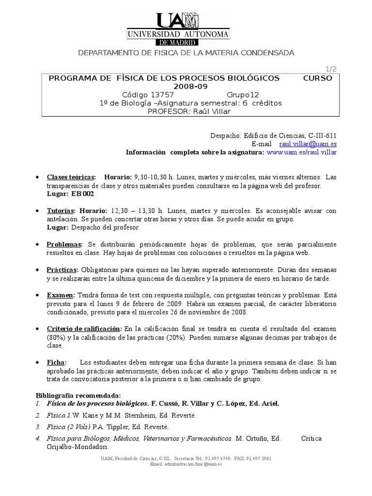 08 09 Programa 13757-Fisica de Procesos Biologicos | PDF | Termodinámica | Física