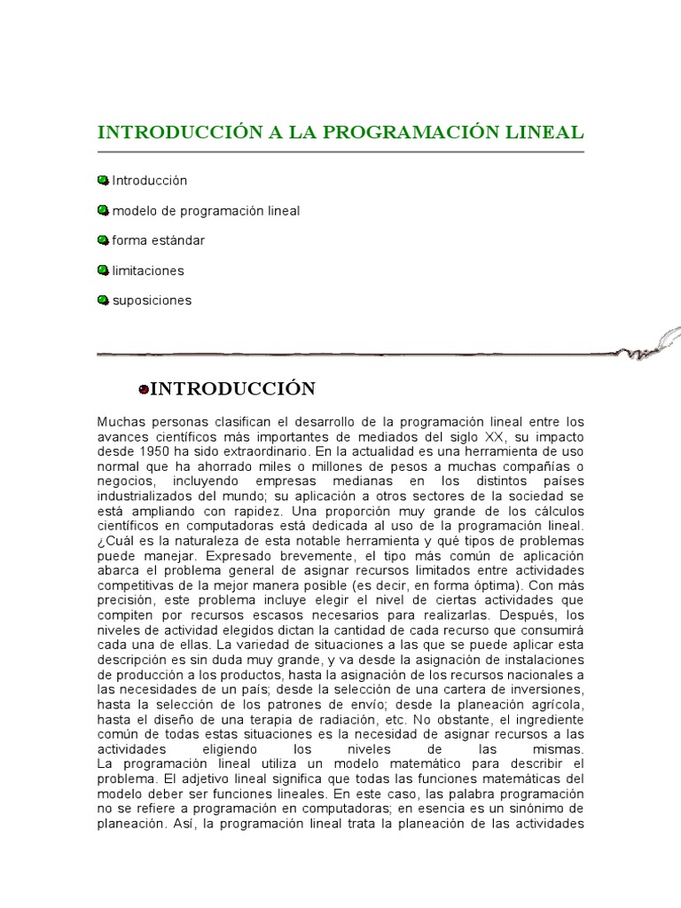 Introduccion A La Programacion Lineal PDF | PDF | Programación lineal | Linealidad