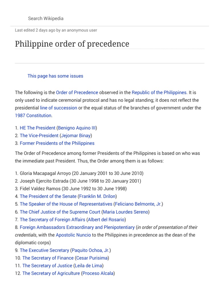 Philippine Order of Precedence | PDF | President Of The Philippines ...