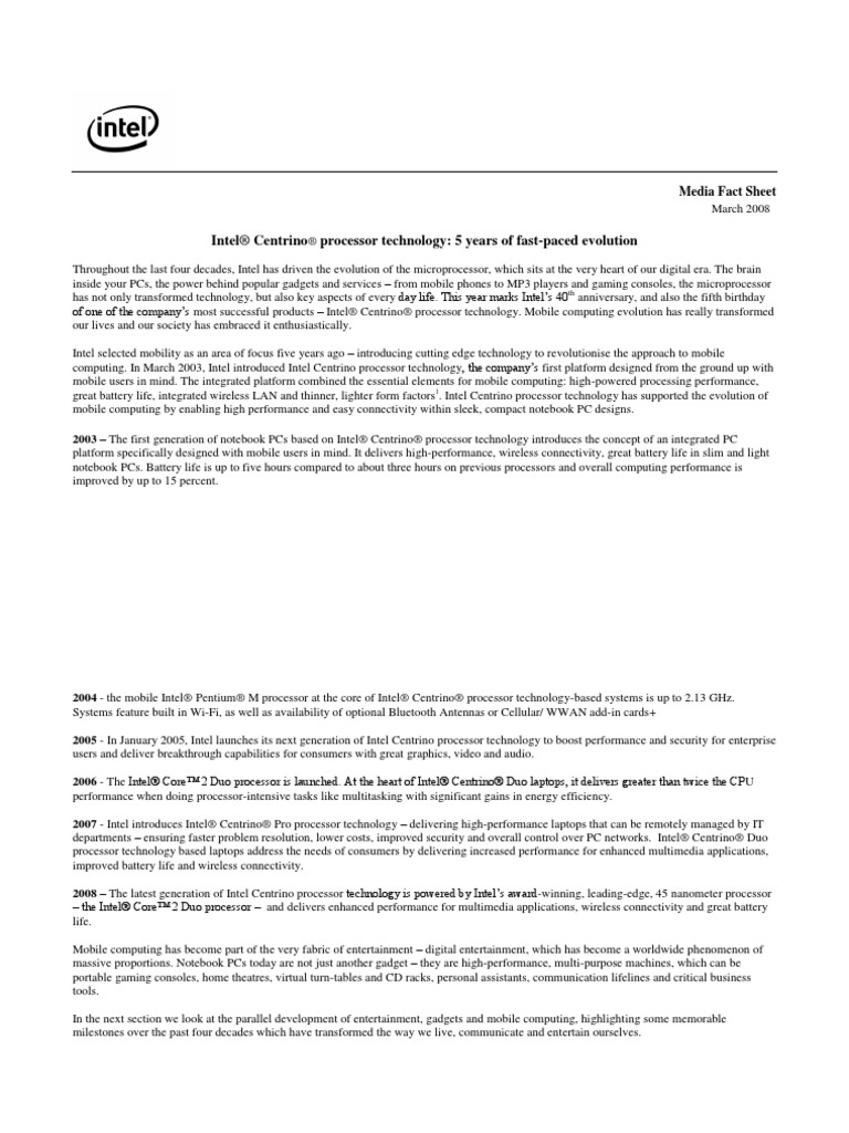 Media Fact Sheet | PDF | Intel | Personal Computers