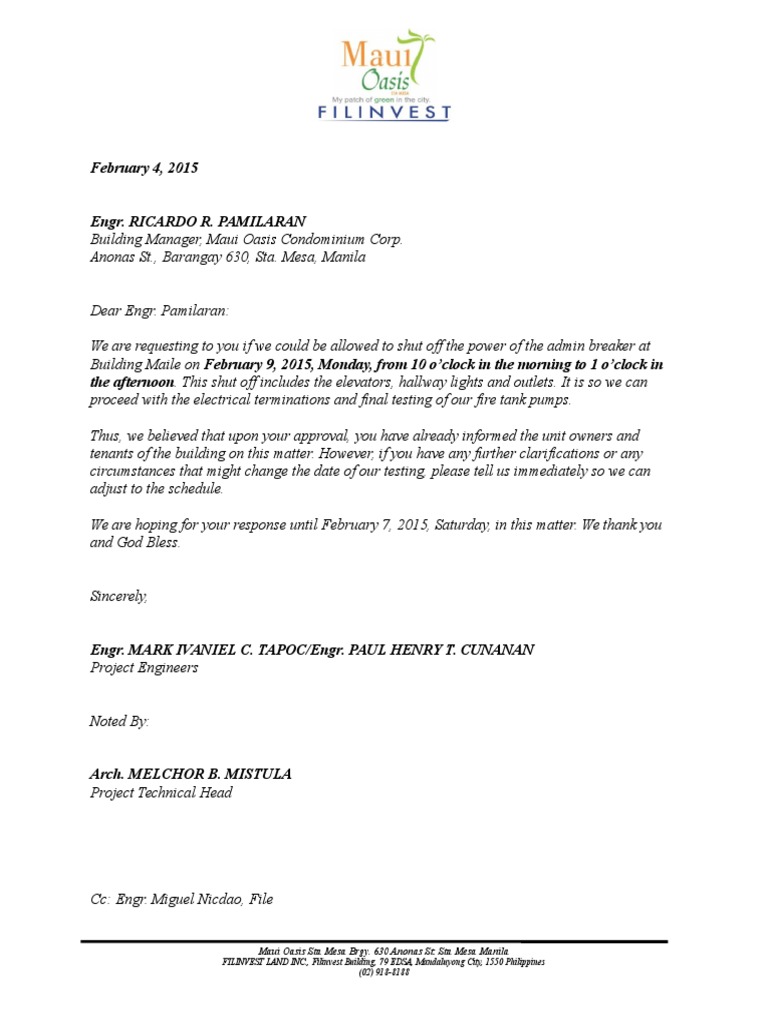 Power Shutdown Request for February 9 | PDF | Technology & Engineering