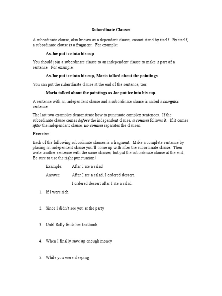 Subordinate Clauses Exercises | Clause | Adverb