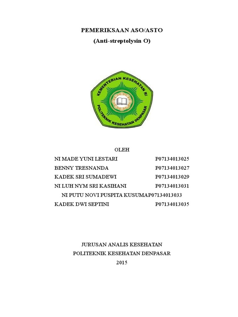 Imunologi Pemeriksaan ASO Atau ASTO Anti Streptolysin O Kelompok 5 | PDF