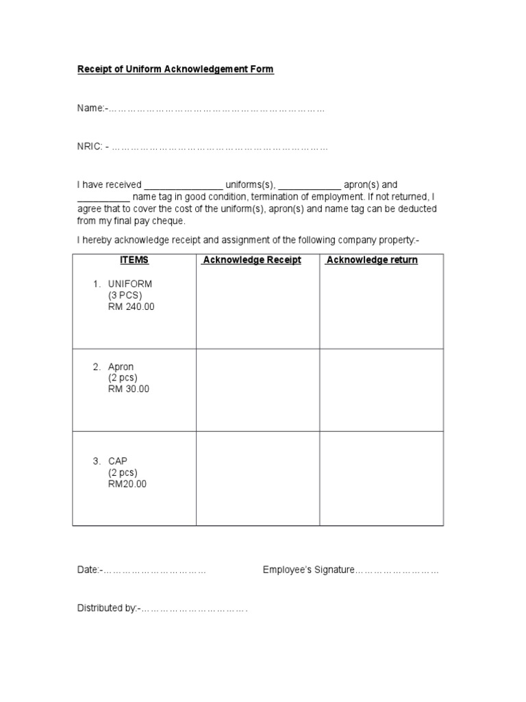 Receipt of Uniform Acknowledgement Form | PDF
