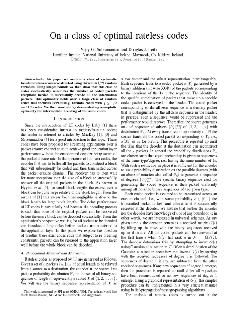 On A Class of Optimal Rateless Codes: Vijay G. Subramanian and Douglas J. Leith | PDF | Matrix ...