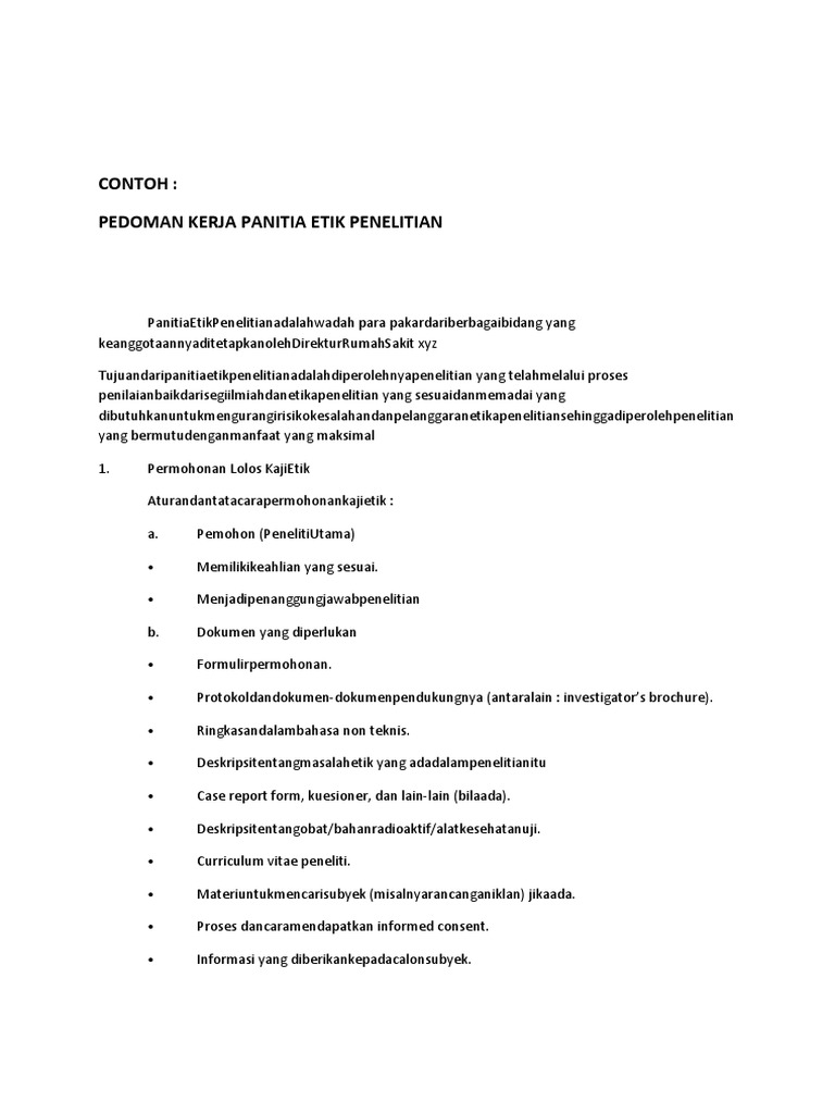 Contoh Pedoman Kerja Panitia Etik Penelitian | PDF