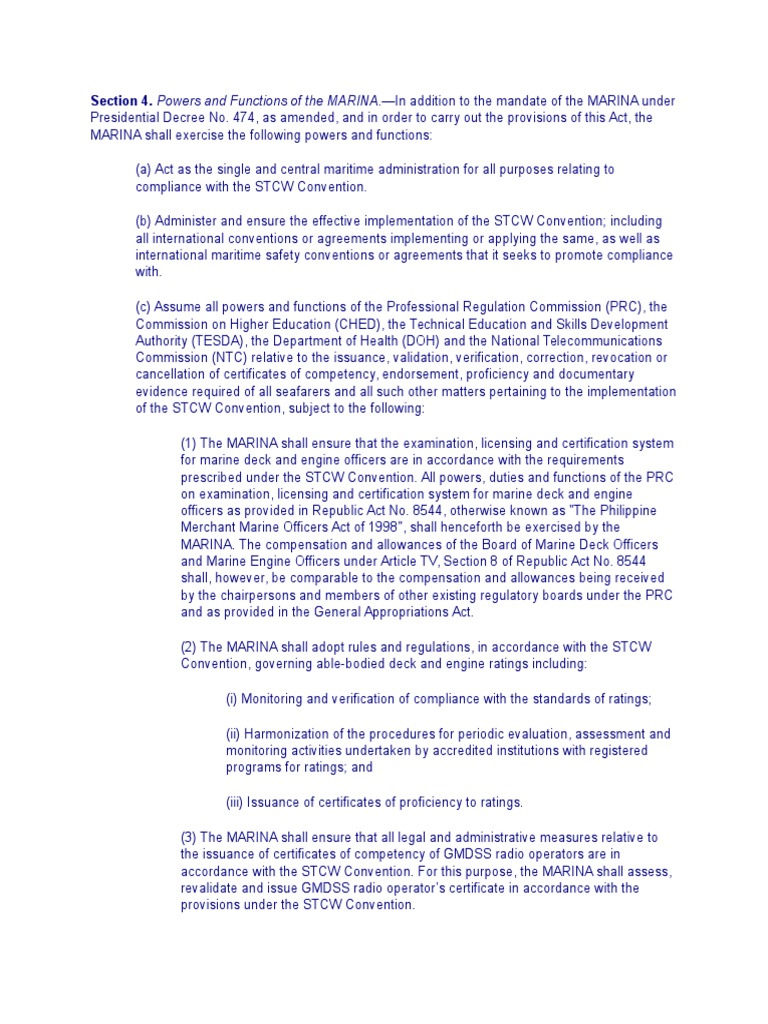 Section 4. Powers and Functions of The MARINA.-In Addition To The ...